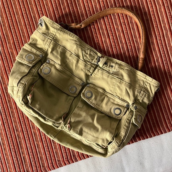 French Connection | Bags | Fcuk Jeans Green Bag With Leather Handle ...